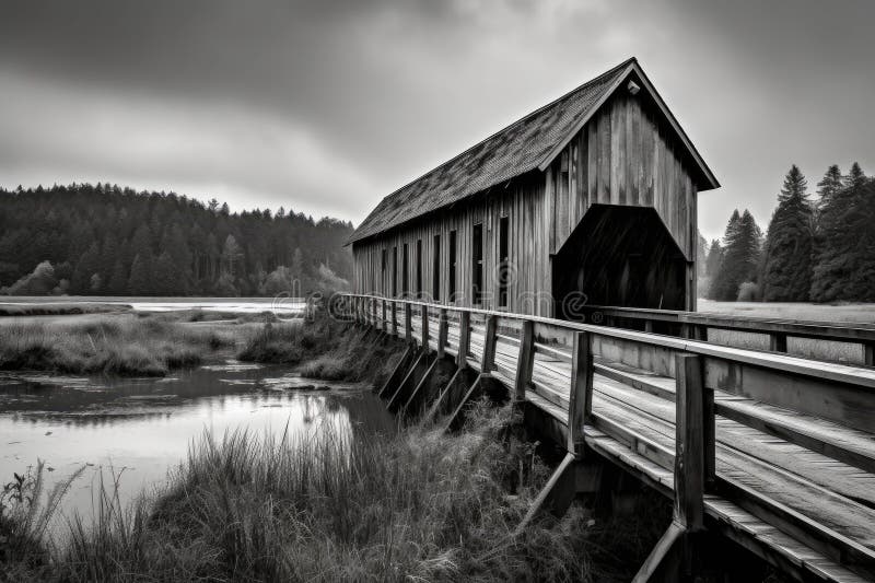 Black and White Vintage-style Covered Bridge Stock Illustration ...