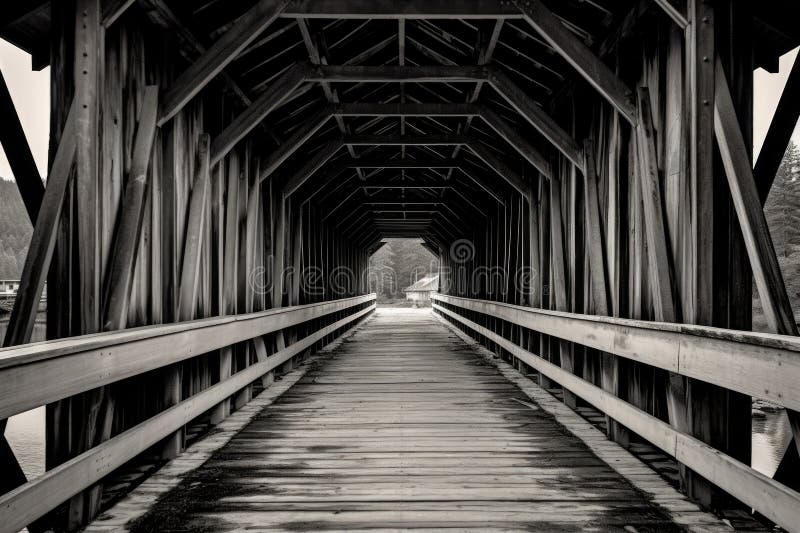Black and White Vintage-style Covered Bridge Stock Illustration ...