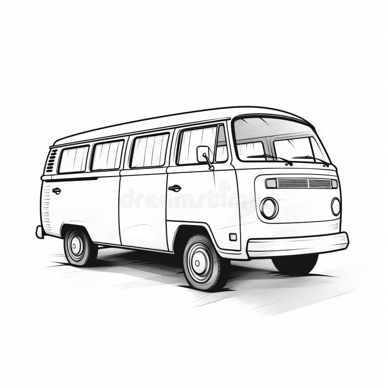 Black and White Vw Bus Illustration: Simple Line Art on White ...