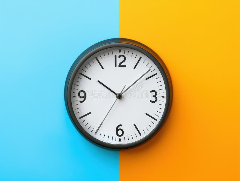 A Black and White Wall Clock Centered on a Split Blue and Yellow ...