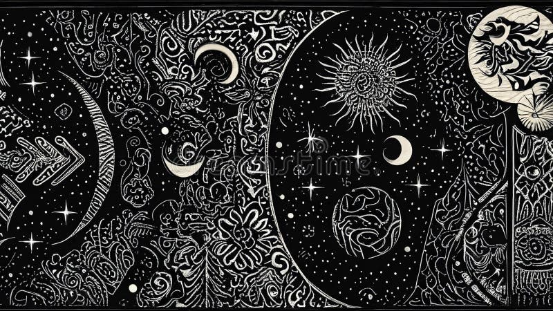 Black and White Wallpaper with Antique Aztec Pattern with Stars, Sun ...