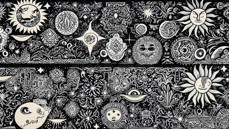 Black and White Wallpaper with Antique Aztec Pattern with Stars, Sun ...