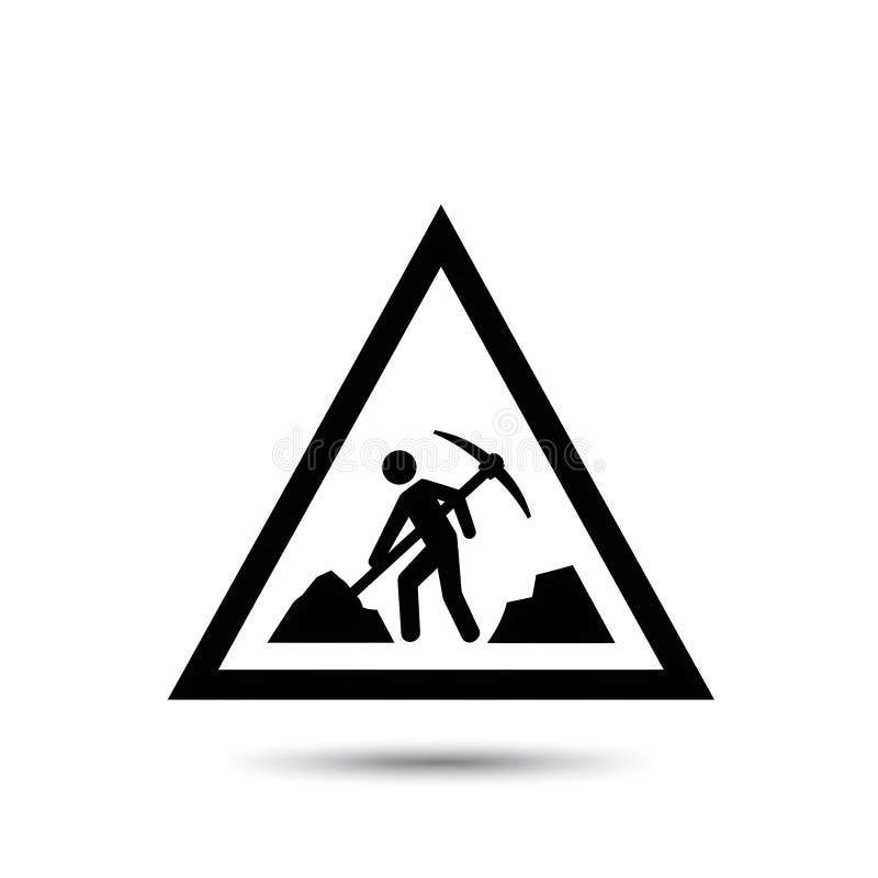 Black and White Warning Sign of Worker with Pickaxe Stock Illustration ...