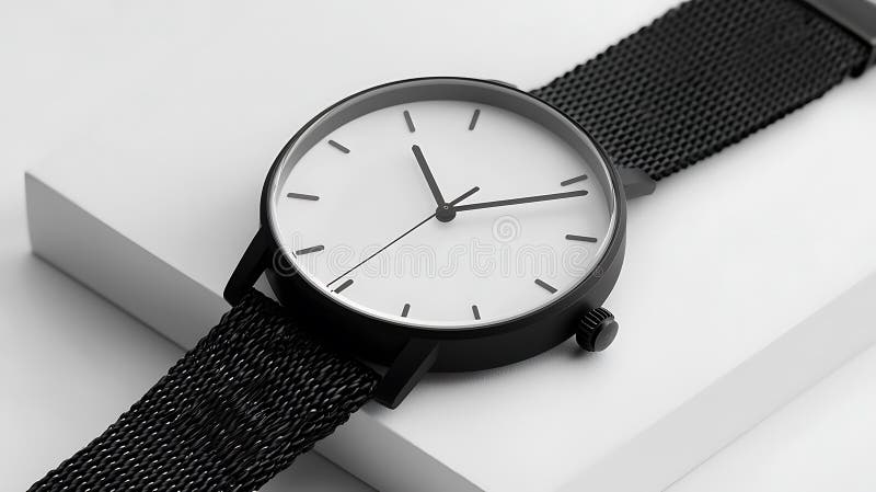 Black and White Watch with a White Face Sits on a White Surface Stock ...