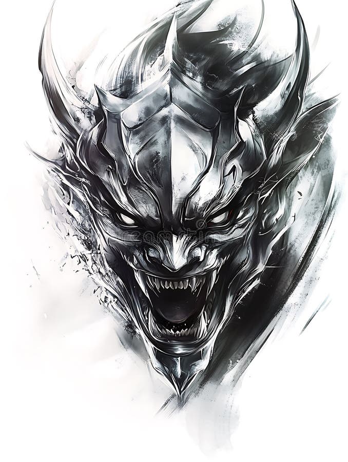 Demonic Creature with Fangs and Horns in Black and White Watercolor ...