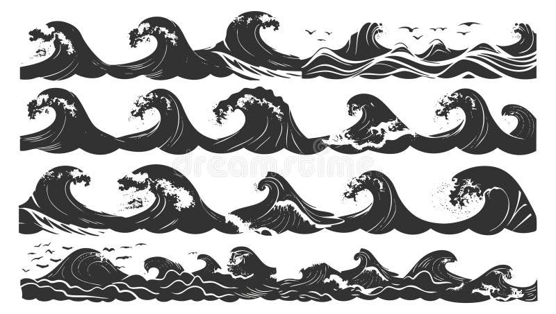 Black and White Wave Illustration Pattern with Various Ocean Designs ...