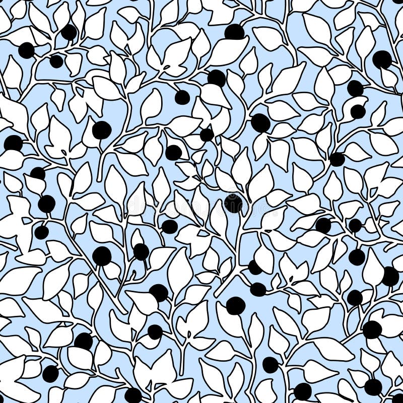 Black and White Wild Blueberry Seamless Pattern on Pastel Blue. Vector ...