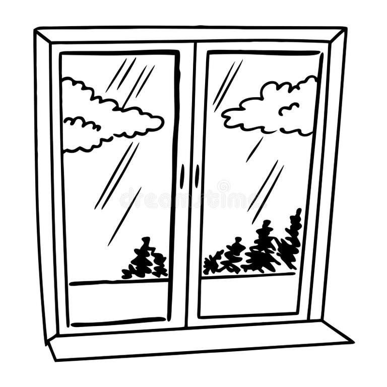 Black and White Window View with Trees and Clouds Vector Illustration ...