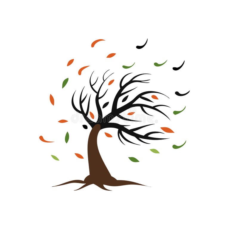 Black and White Windy Tree Illustration with Blowing Leaves Vector ...