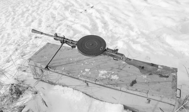 Black and White Winter Russian Machine Gun on the Crate. Stock Photo ...