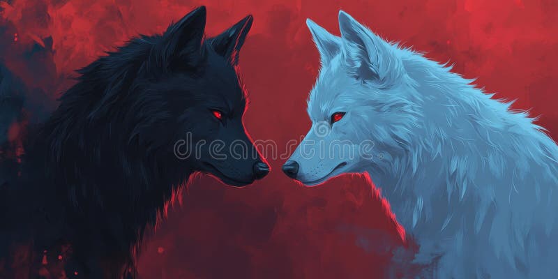 Black and White Wolves Facing Each Other Against a Red Digital Art ...