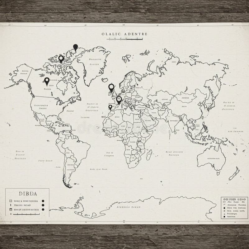 Black and White World Map with Stylized, Fictional Place Names. Several ...