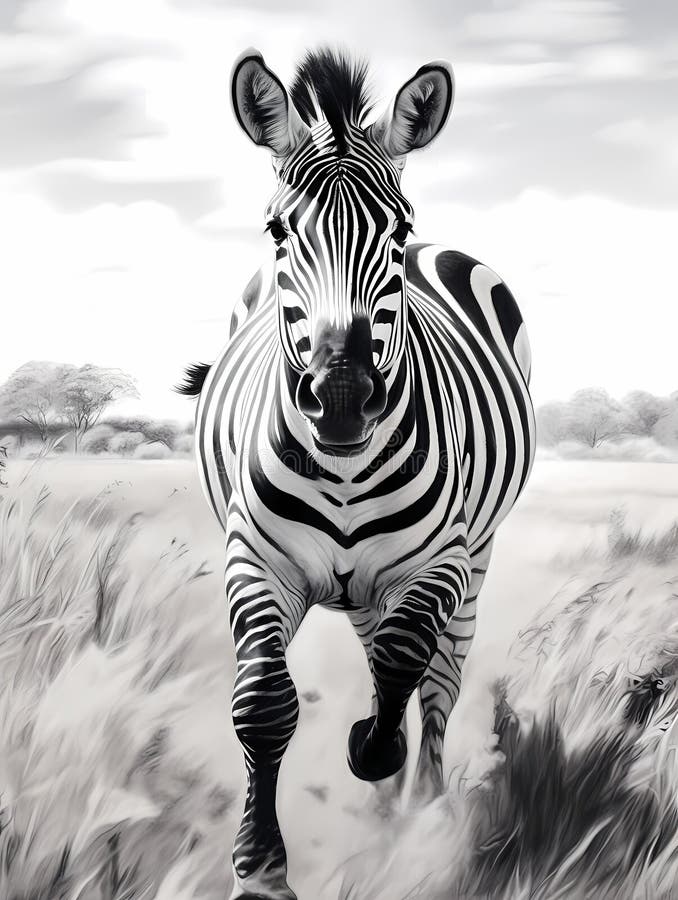 A Black and White Zebra is Running, a Zebra Running through Tall Grass ...
