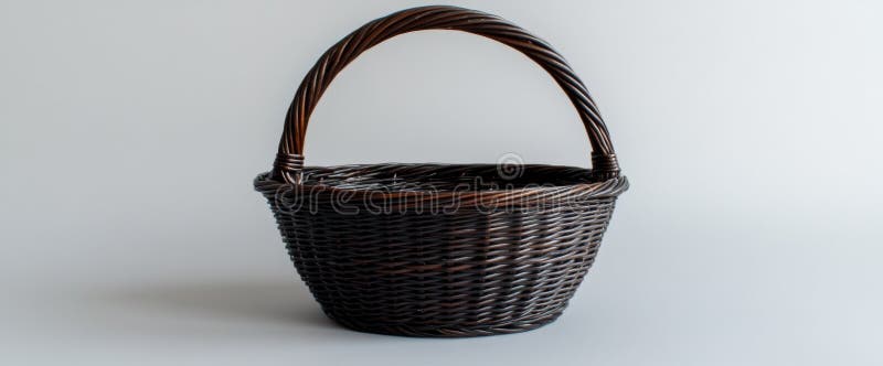 A Black Wicker Basket with Handles, Positioned on a Neutral Background ...