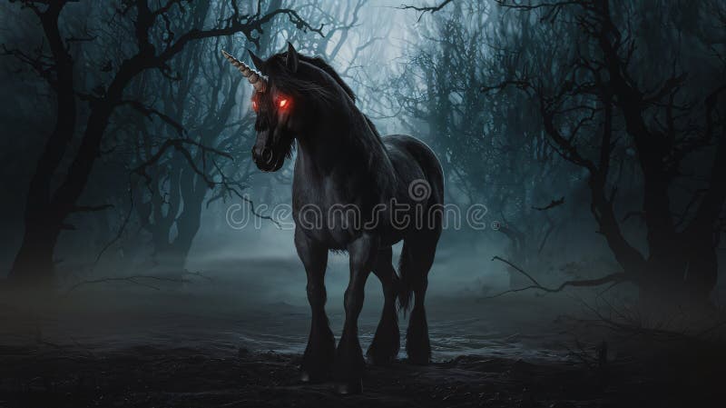 Black Wild Evil Unicorn Standing in the Misty Dark Forest Stock Illustration - Illustration of ...