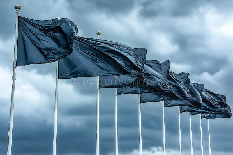 Black Wind-torn Flags Waving Under an Ominous Stormy Sky Stock ...