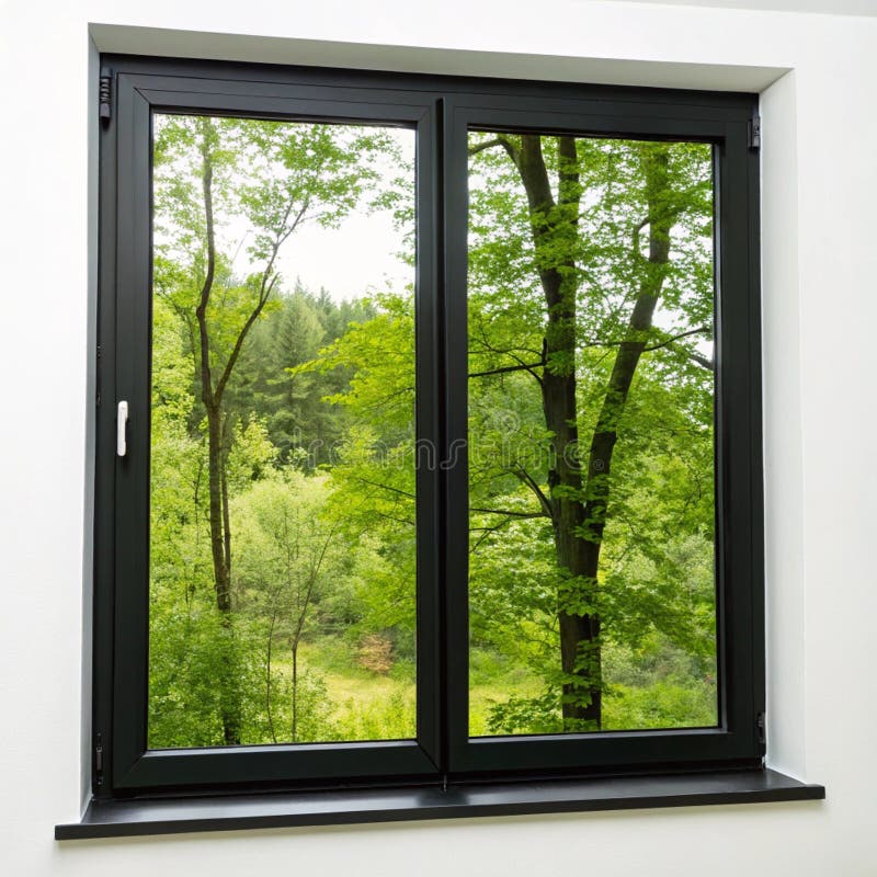Black Window with Green Forest View Isolated on White Background Stock ...