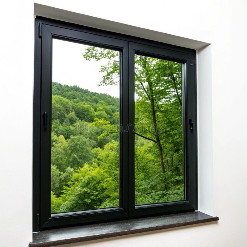 Black Window with Green Forest View Isolated on White Background Stock ...