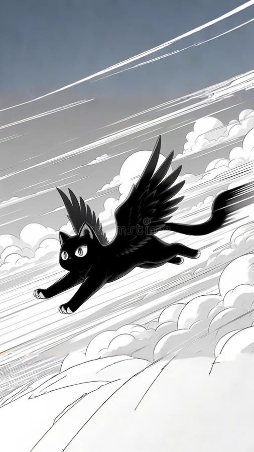 Black Wing Cat Flying Fast through the Cloud Stock Illustration ...