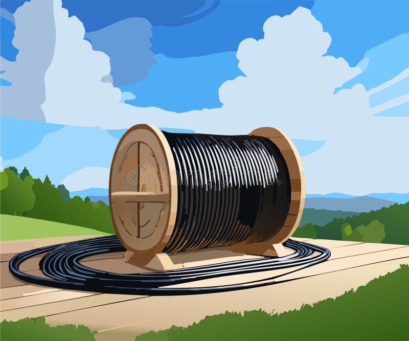 Black Wire Electric Cable with Wooden Coil of Electric Cable Under the ...