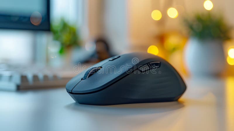 A Black Wireless Computer Mouse on a Desk with a Blurred Background ...