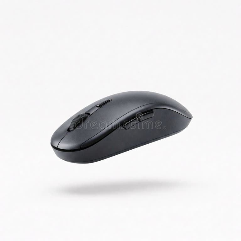 Black Wireless Computer Mouse with Scroll Wheel, Floating on a White ...