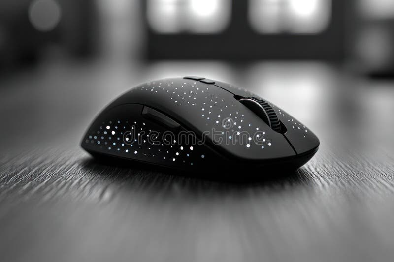 Black Wireless Computer Mouse with Textured Surface and White Dots on a ...