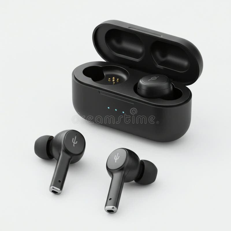 Black Wireless Earbuds with a Charging Case. the Case Lid is Open ...