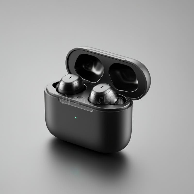 Black Wireless Earbuds in an Open Charging Case on a Gray Surface. the ...