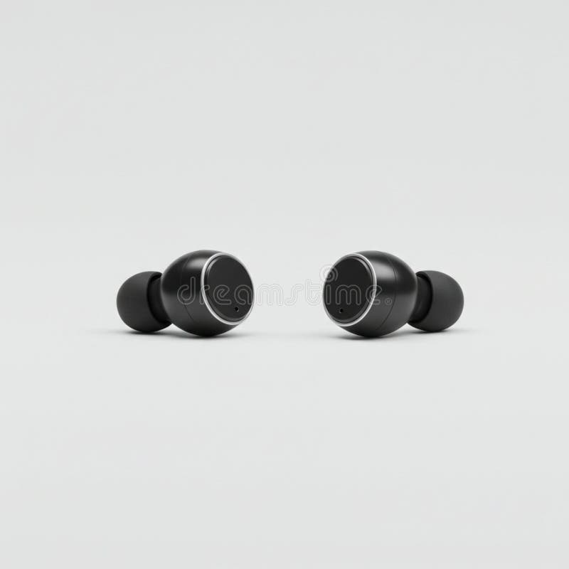 Black Wireless Earbuds Placed on a Plain White Surface. Each Earbud ...
