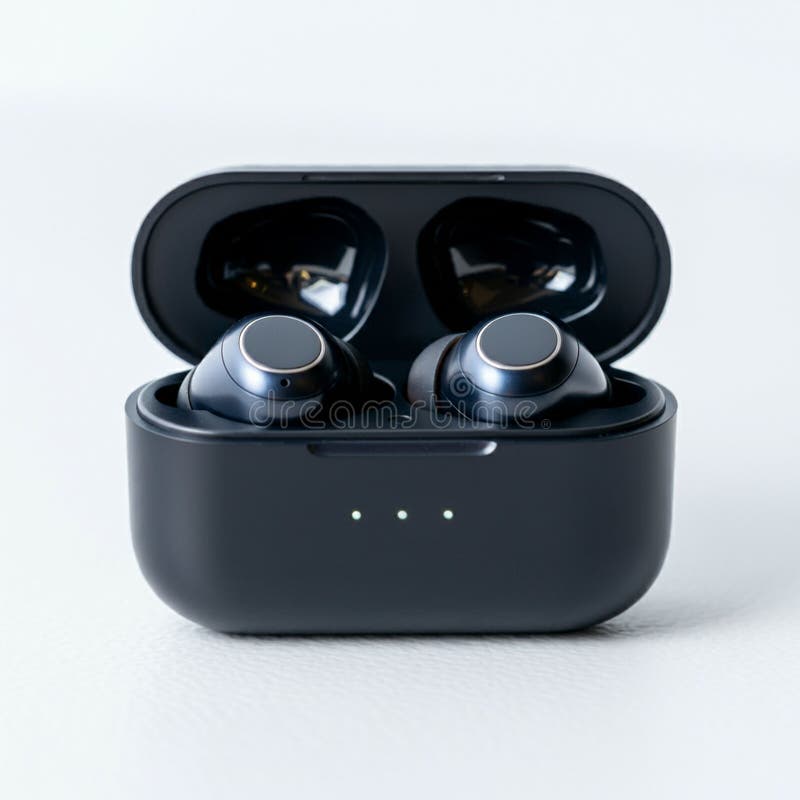 Black Wireless Earbuds Resting Inside Their Matching Charging Case. the ...
