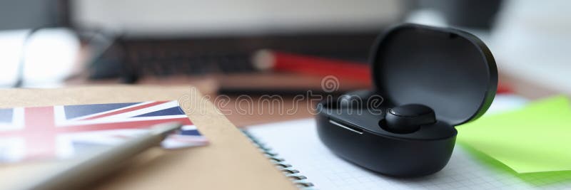 Black Headset Lying on Computer Keyboard Closeup Stock Photo - Image of ...