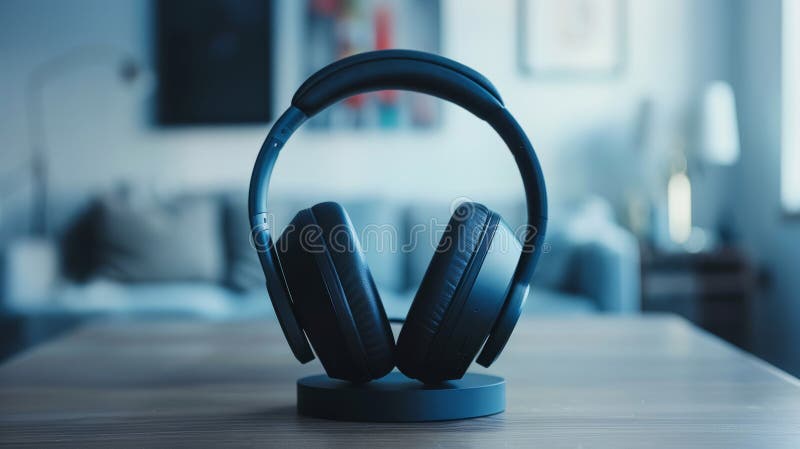 Black Wireless Headphones on a Table in a Modern Home Setting. Stock ...