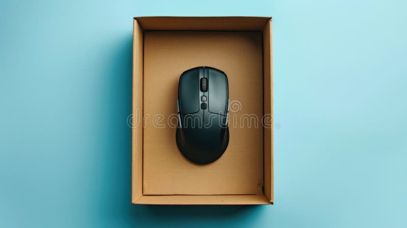 Black Wireless Mouse in a Brown Cardboard Box on Blue Background Stock ...
