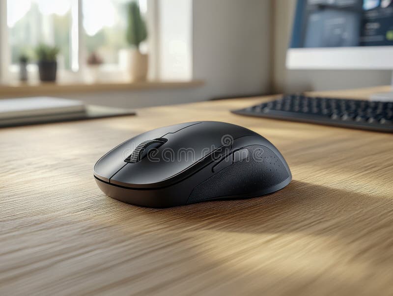 Black Wireless Mouse on Wooden Desk in Bright Sunny Office Environment ...