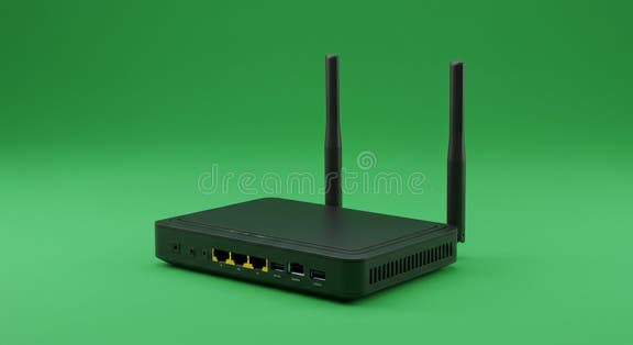 A Black Wireless Router with Two Antennas is Placed on a Green Surface ...