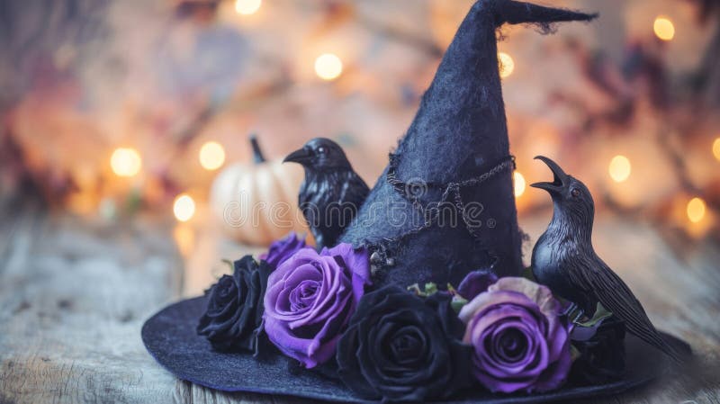 Black Witch Hat with Purple Roses and Ravens Stock Illustration ...