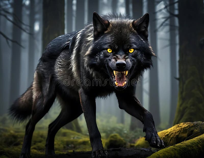 Black Wolf Growling in Mysterious Enchanted Forest Stock Illustration ...
