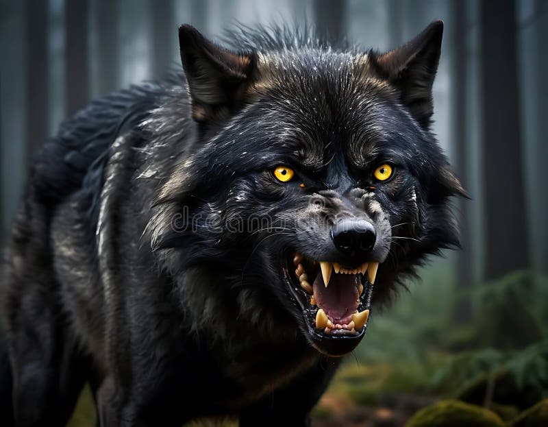Black Wolf Growling in Mysterious Enchanted Forest Stock Illustration ...