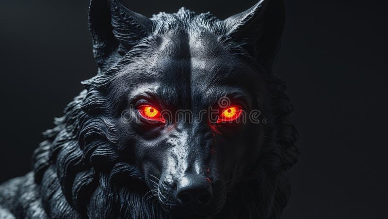 Black Wolf Head Sculpture with Glowing Red Eyes Stock Image - Image of ...