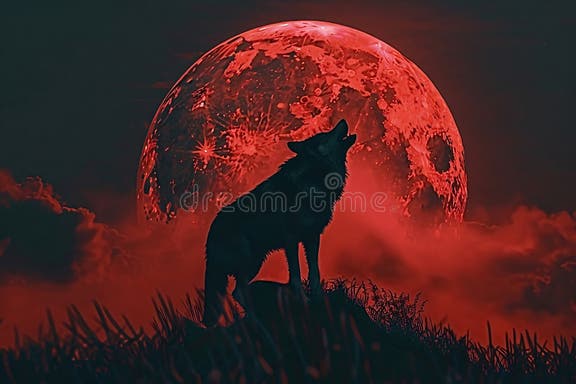 Black Wolf Howling at the Red Full Moon in a Dark Night Stock Photo ...