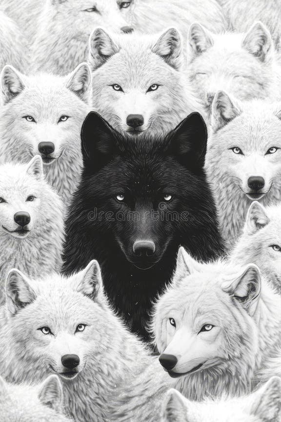 Black Wolf Leader among White Wolves Pack Stock Illustration ...