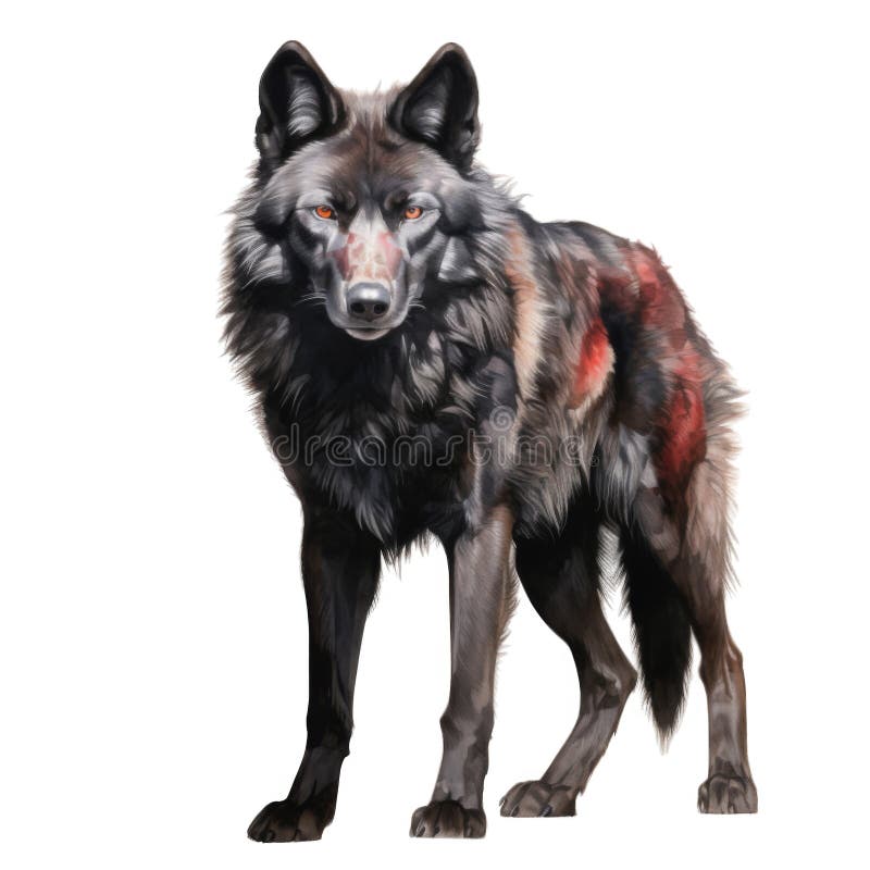 A Black Wolf with Orange Eyes and Reddish Patches on Its Fur Stock ...