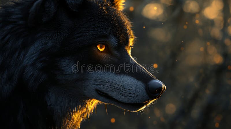 Black Wolf Portrait in Golden Sunset Light Stock Illustration ...
