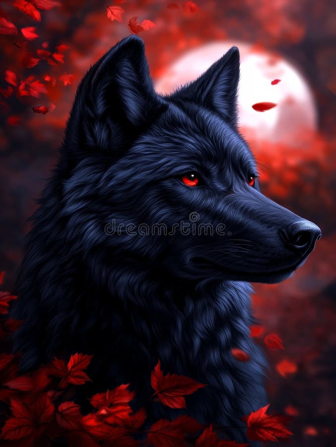 A Black Wolf with Red Eyes, the Moon Behind it Shining Bright and Full ...