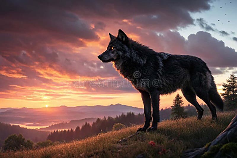 Black Wolf Standing Against a Sunset â€ Generative AI Image Stock ...