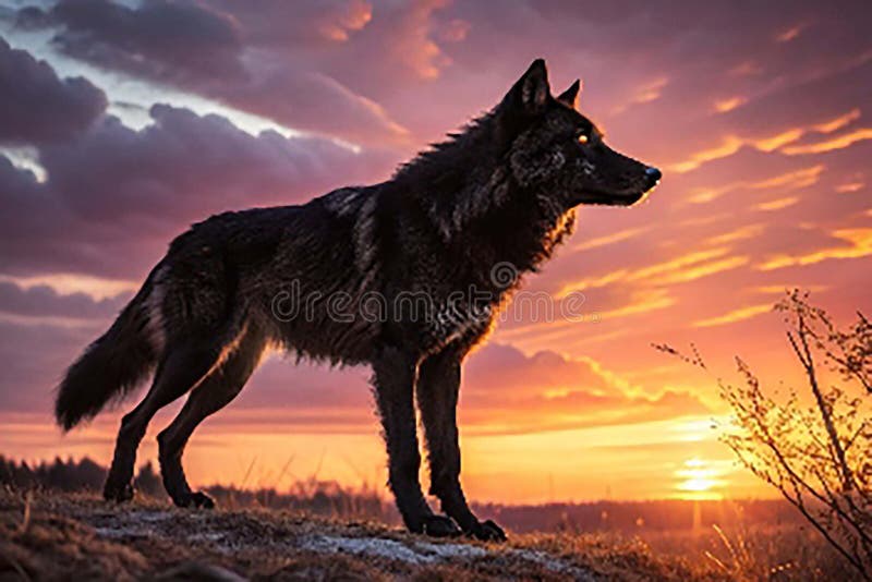 Black Wolf Standing Against a Sunset â€ Generative AI Image Stock ...