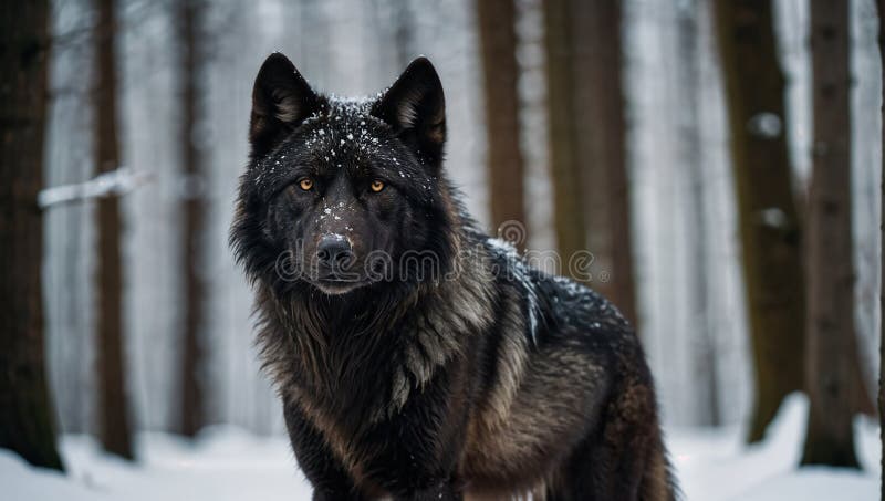 Black Wolf Standing on a Forest Path in Winter Close-up Stock ...