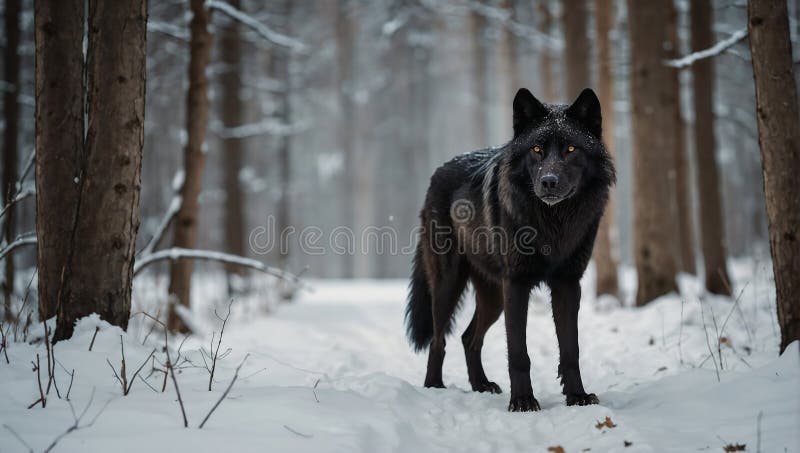 Black Wolf Standing on a Forest Path in Winter Close-up Stock ...