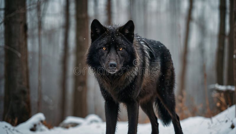 Black Wolf Standing on a Forest Path in Winter Close-up Stock ...